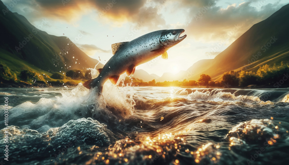 Dynamic salmon leaping upstream in a sparkling river with mountains in ...