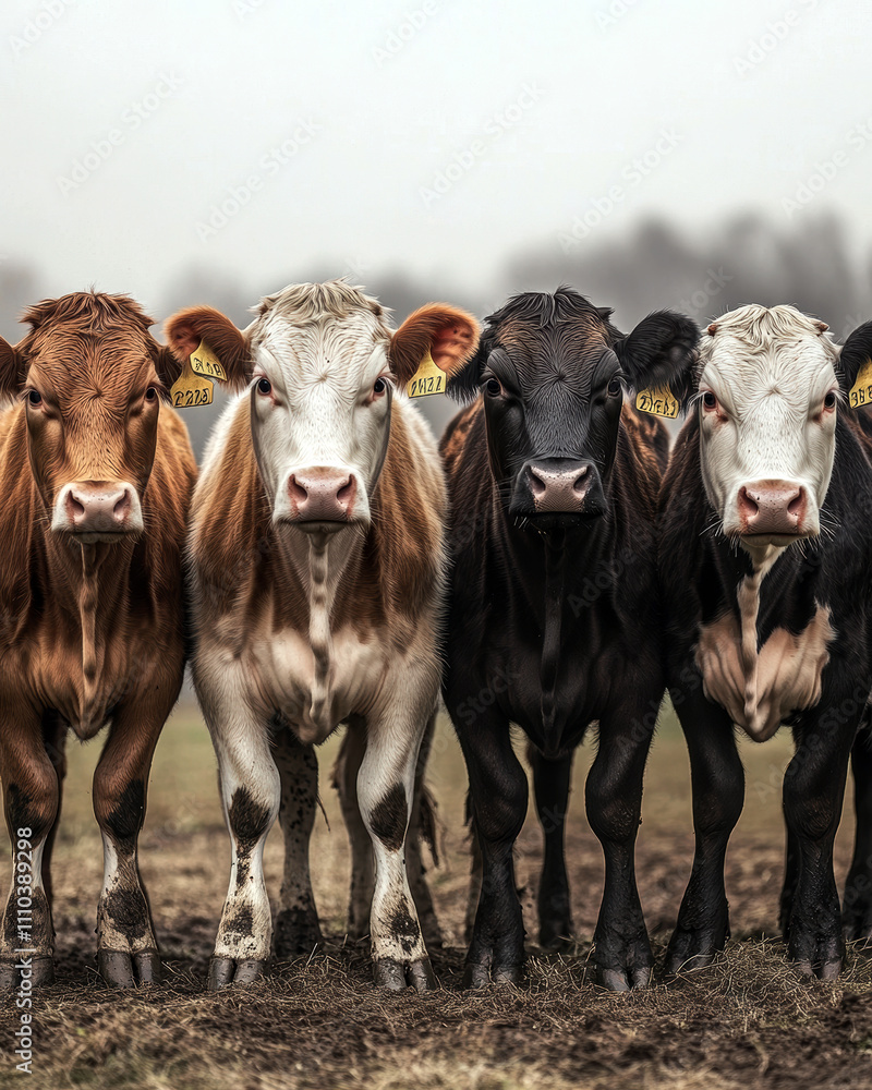 In this striking image, four cows stand together in a row, showcasing ...