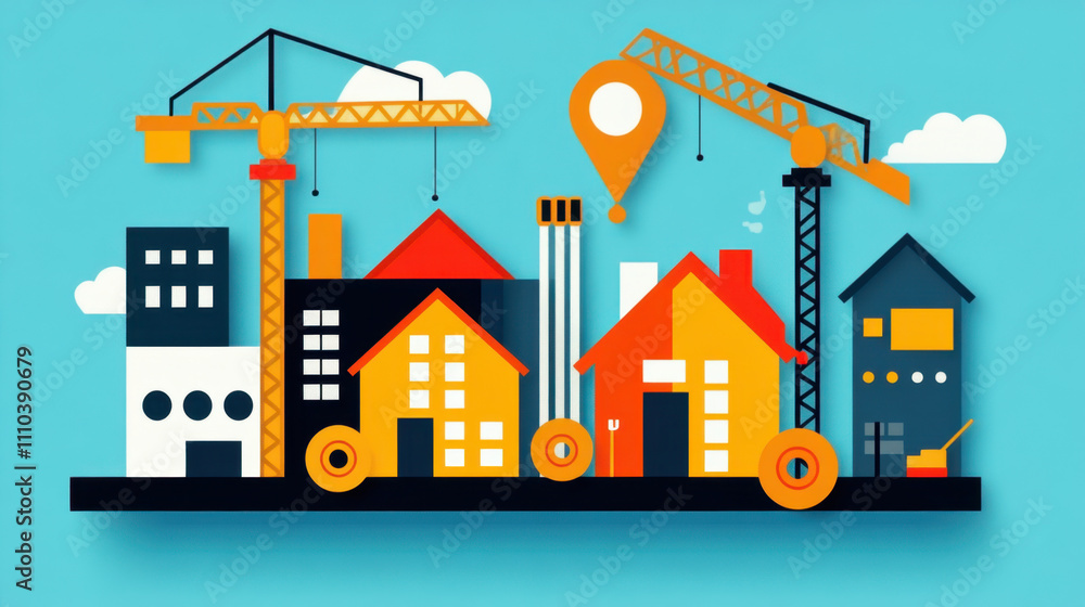 House construction. A colorful illustration depicting various buildings ...