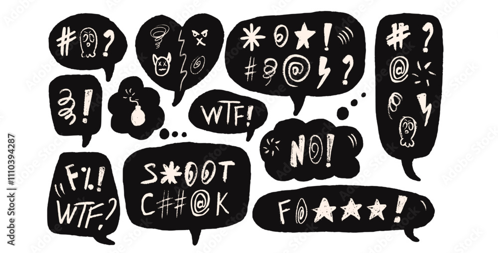 Speech bubbles with swear words. Curse crayon doodle text. Strong ...