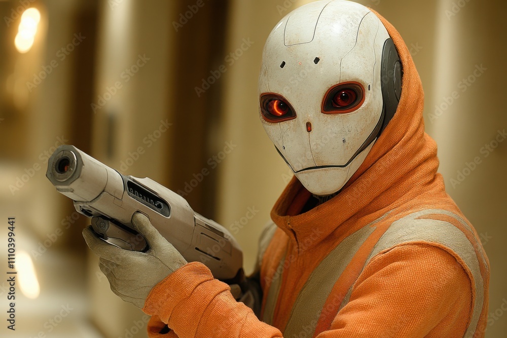 Masked robot assassin holding a futuristic weapon in an intense indoor ...
