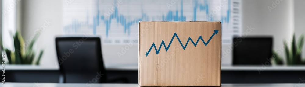 Empty cubicle, cardboard box sits atop desk, upward trending graph ...
