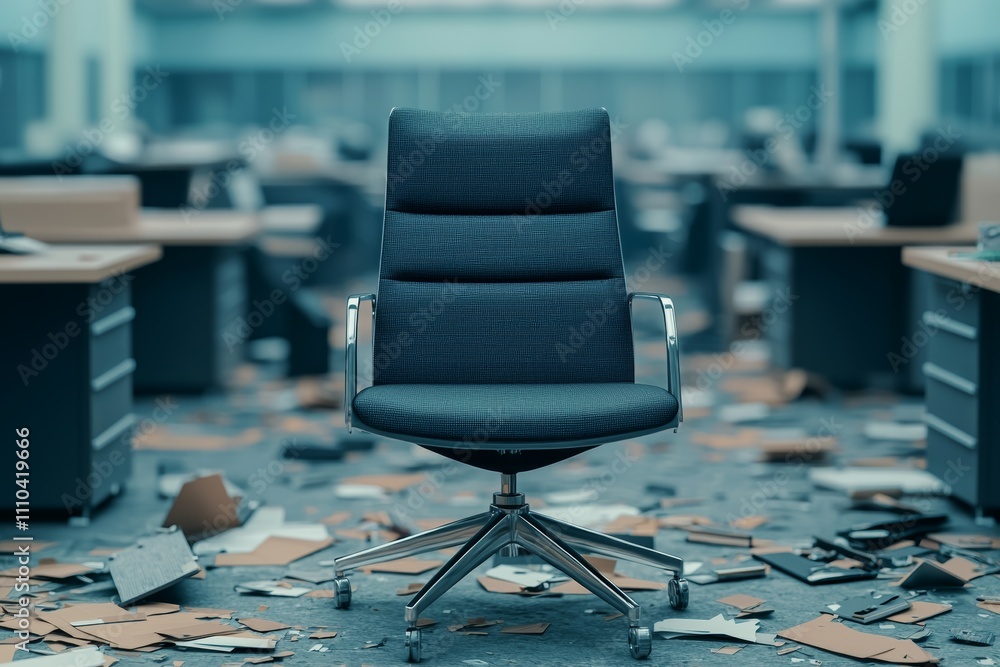 Empty office, shattered desks, lone chair. A somber scene of ...