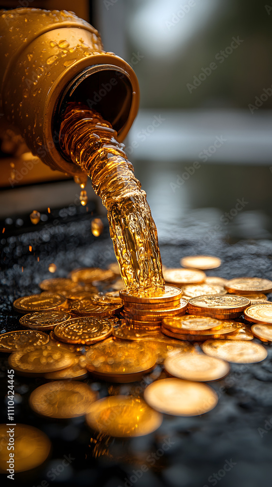 A gas pump spewing gold coins instead of fuel, symbolizing the wealth ...