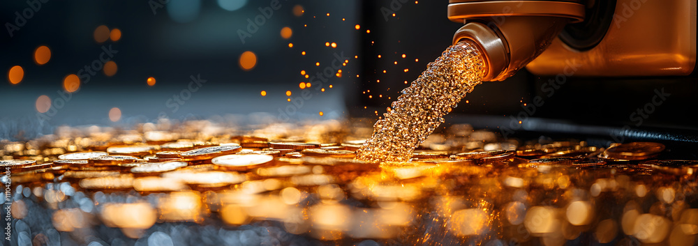 A gas pump spewing gold coins instead of fuel, symbolizing the wealth ...