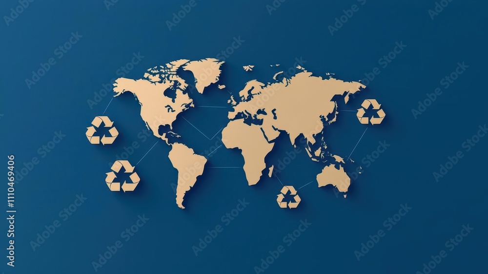 A dynamic illustration of a world map with glowing recycling symbols ...