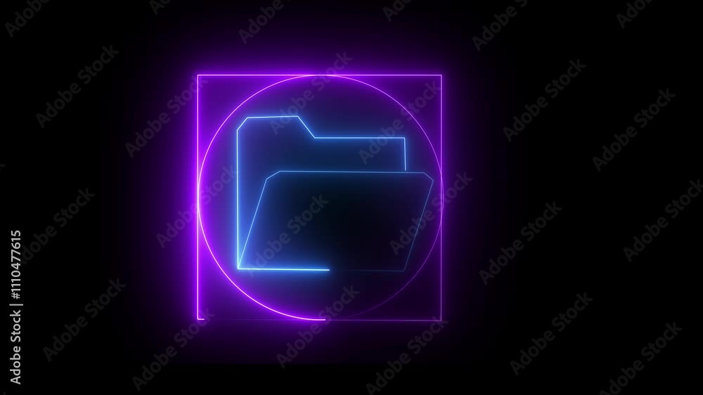 Blue neon glowing device folder icon animated on black background ...