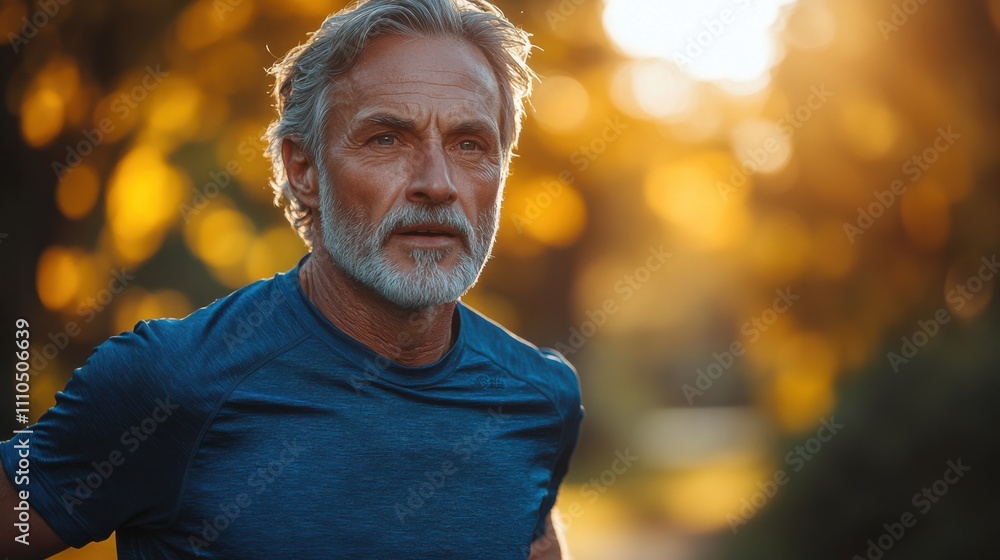 Active senior man jogging outdoors in golden sunlight, fitness and ...