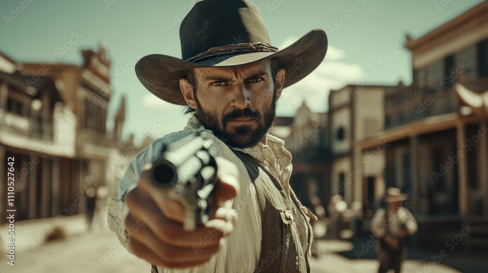 A gunslinger stands confidently in a dusty street of a western town ...