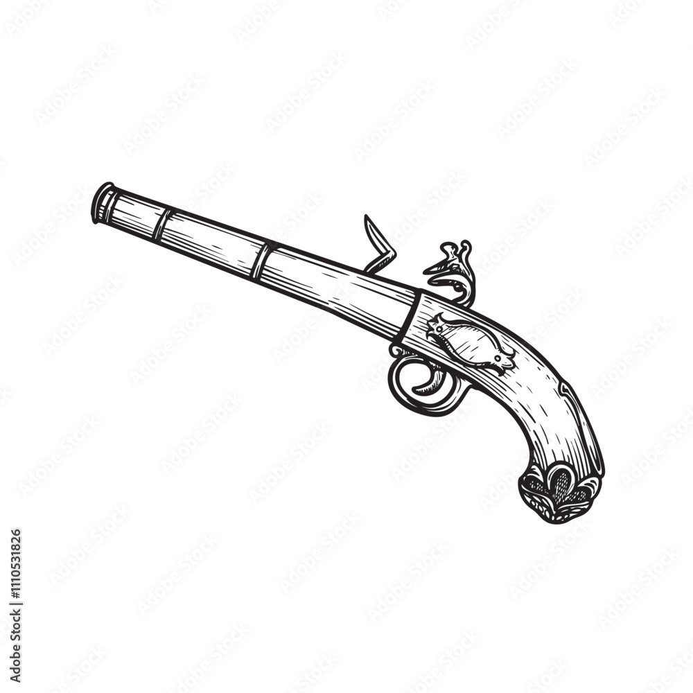 Hand drawn musket pistol with wooden grip. Flintlock gun in retro ...