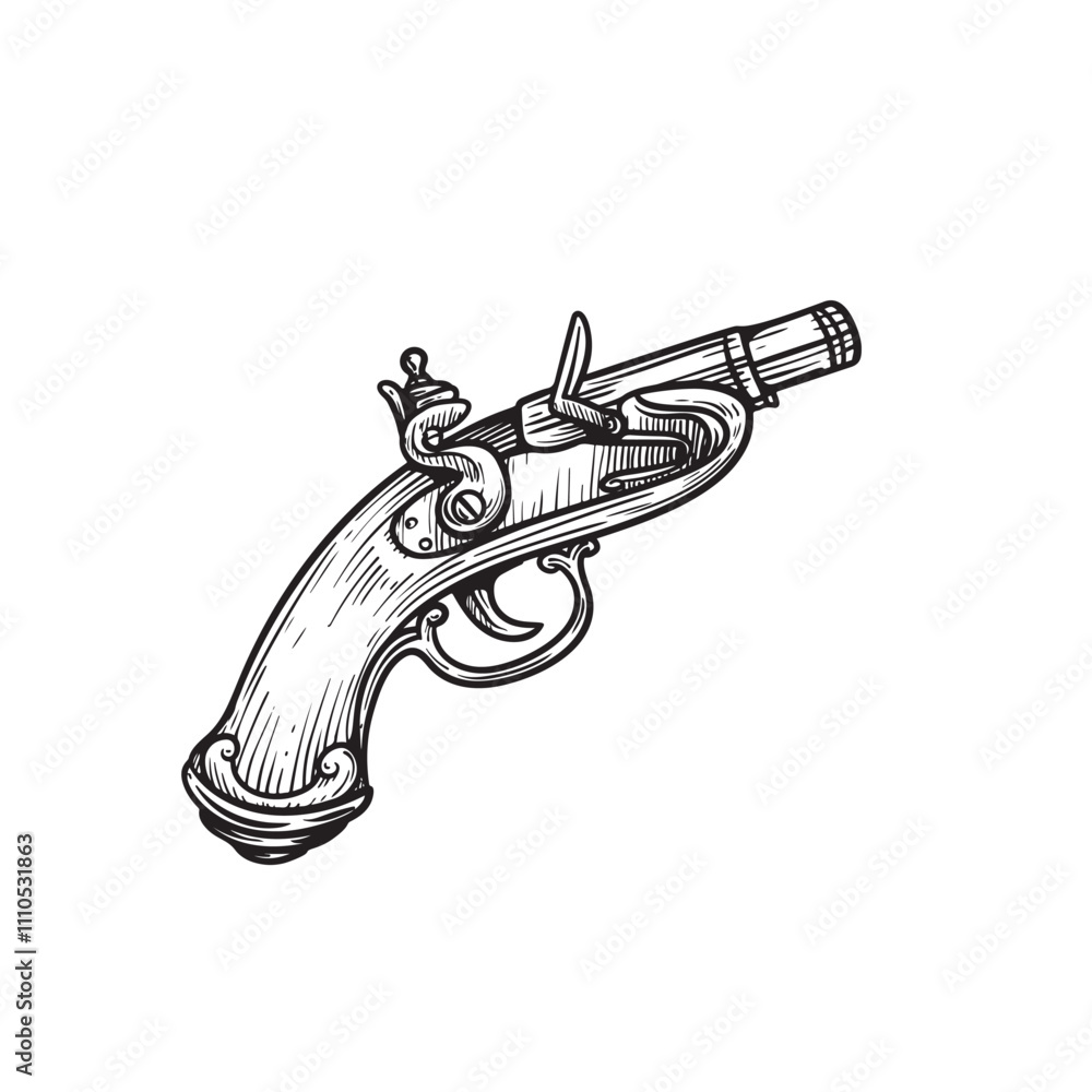 Hand drawn musket pistol with wooden grip. Flintlock gun in retro ...