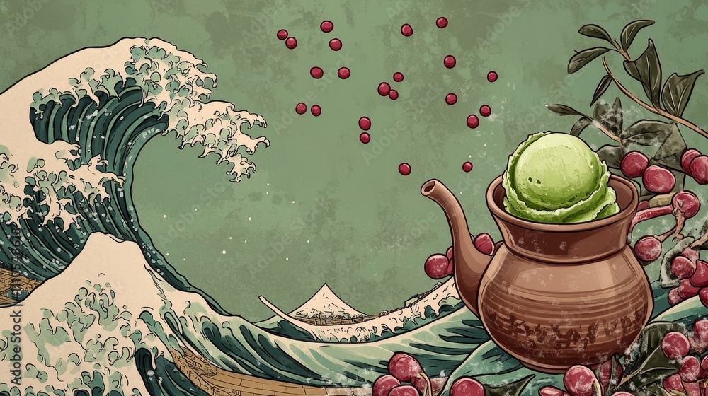 ukiyo-e style illustration, matcha ice cream dessert, traditional clay ...