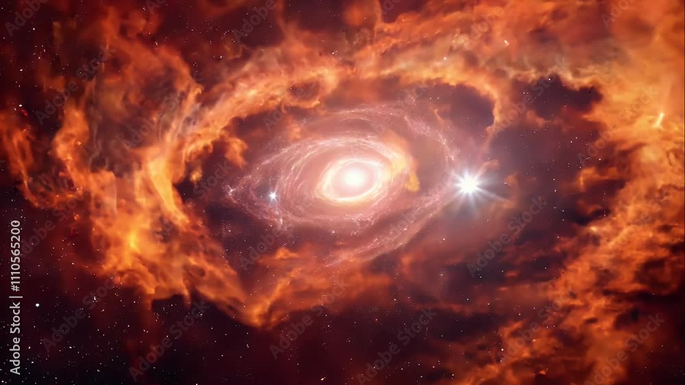 Volumetric red and orange nebula in space, with glimmering stars ...