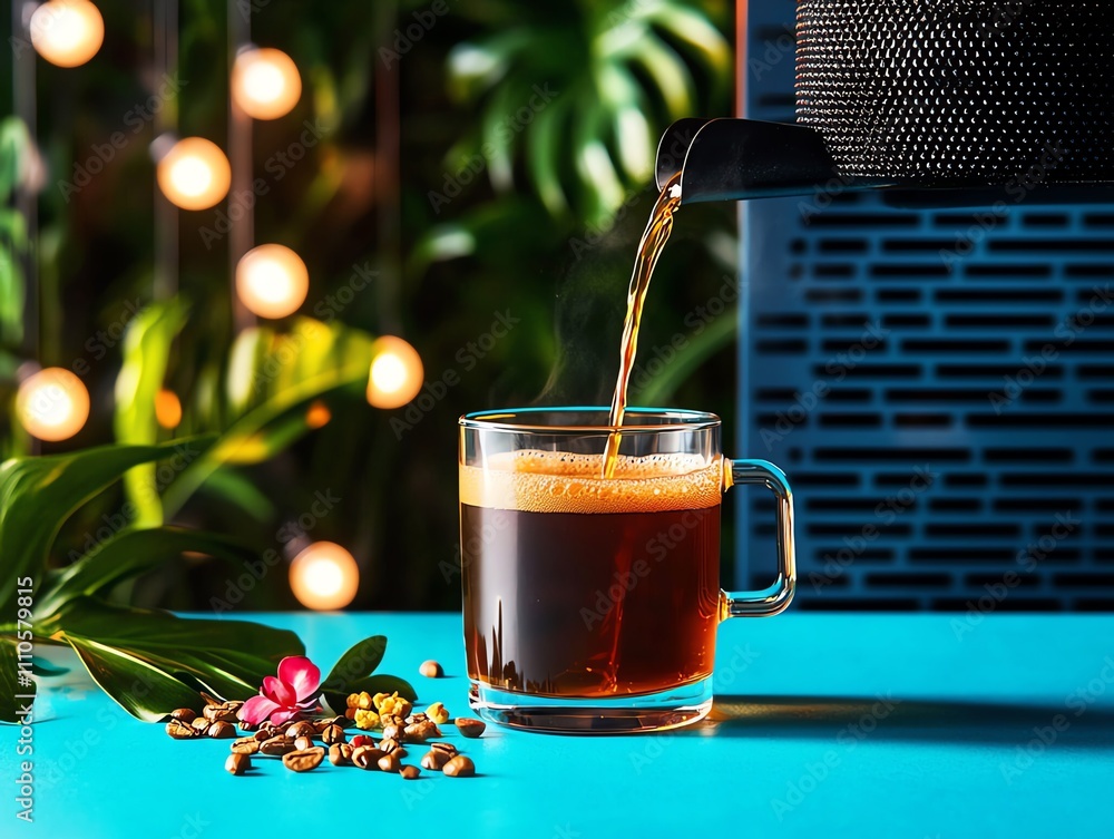 Malaysian teh tarik, frothy pulled tea in a glass cup, poured ...