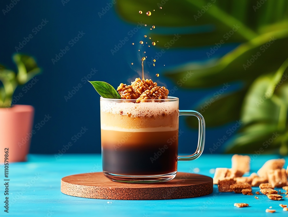 Malaysian teh tarik, frothy pulled tea in a glass cup, poured ...