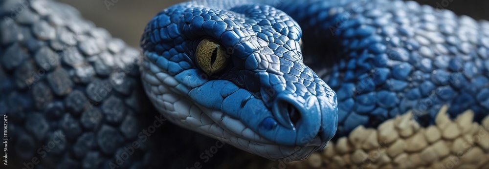 Macro shot of blue viper snake's face with forked tongue flicking out ...