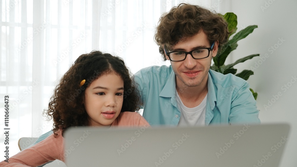 Father explain generate AI while american girl looking at screen. Attractive caucasian dad ...