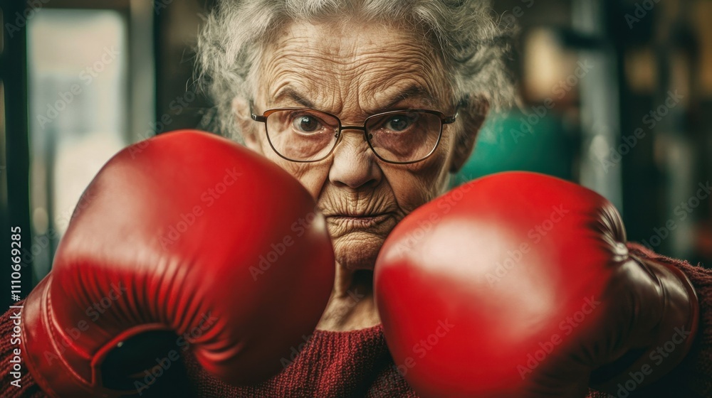 Tough old granny in boxing stance, gloves on, exuding power and ...