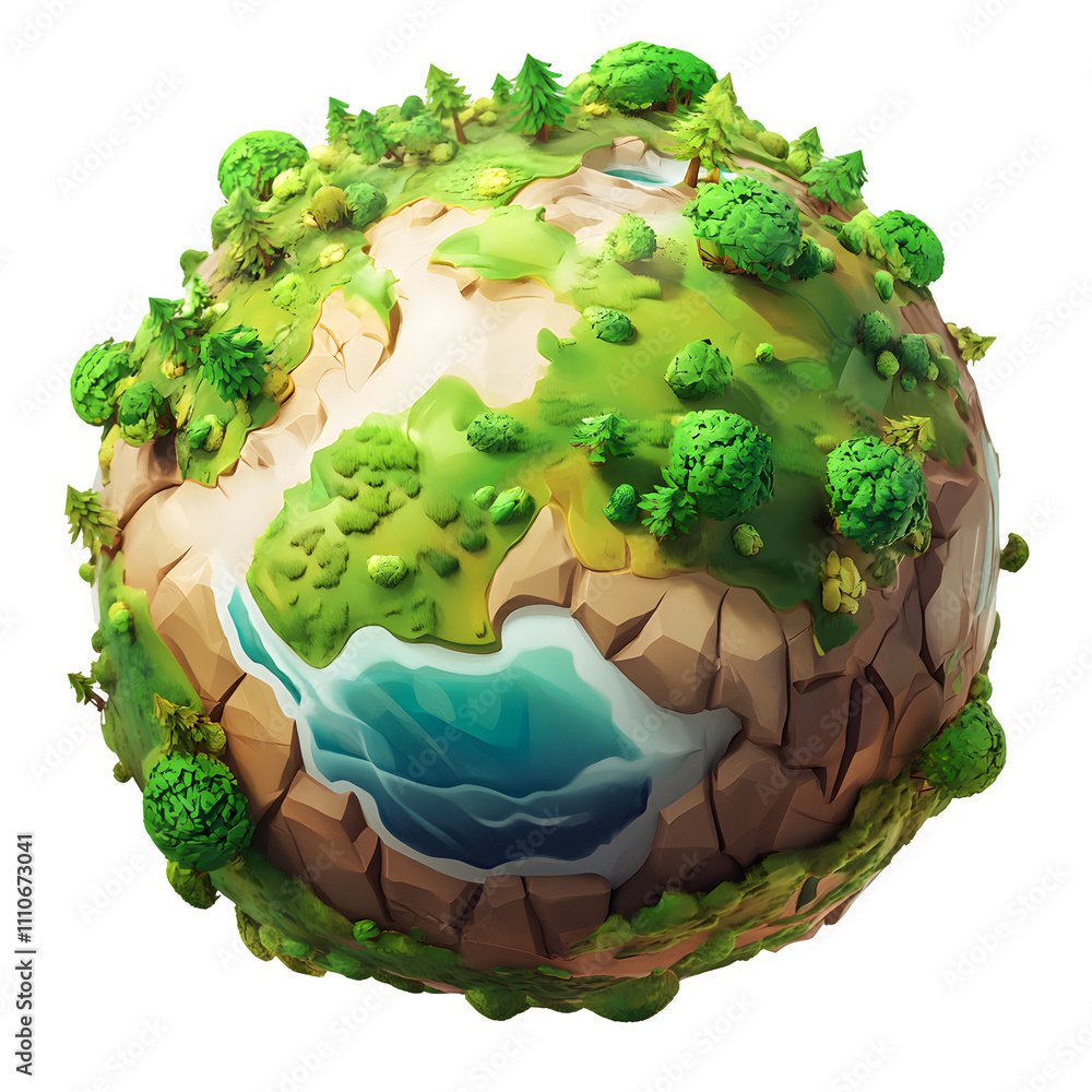 Cartoon miniature planet earth with forests, lake, and rocky terrain ...