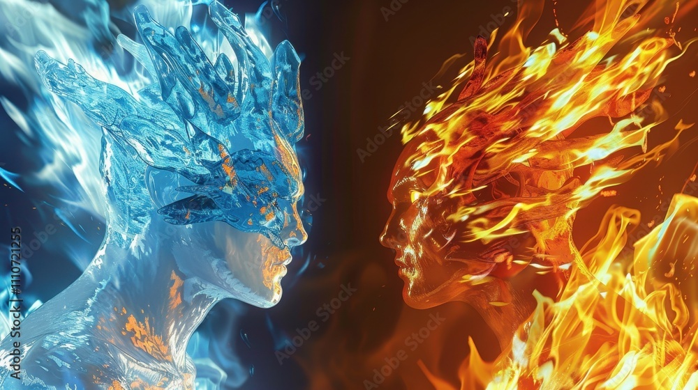 Fire vs ice in abstract texture, a backdrop of burning flame vs frozen ...