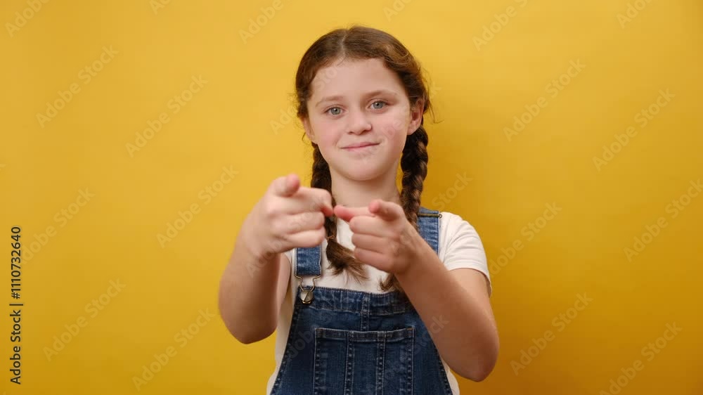 Portrait of adorable happy preteen girl kid point index finger camera ...