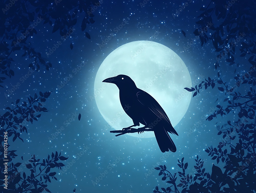 Raven silhouette against full moon in deep night sky, surrounded by ...