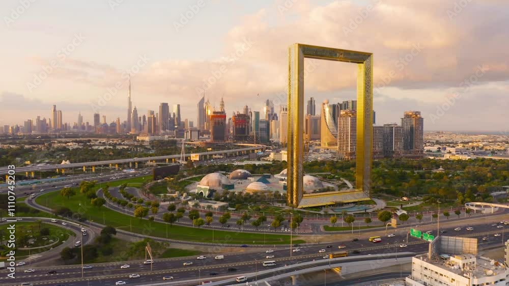 Aerial view of the Dubai Frame with the downtown skyline in the ...