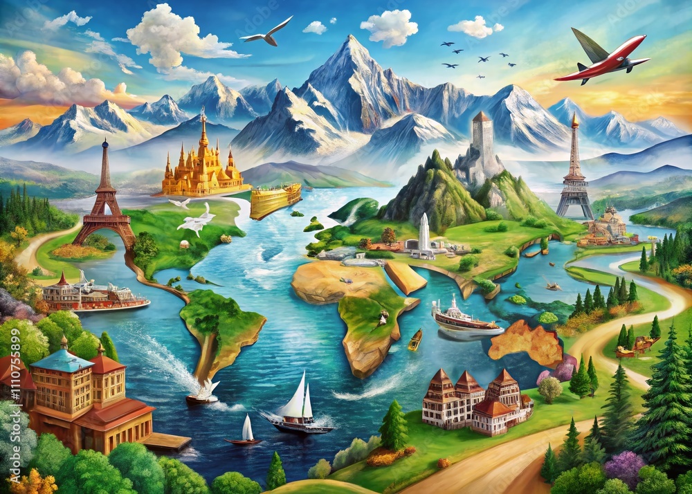 Panoramic Travel Map View Showcasing Iconic Landmarks and Scenic Routes ...