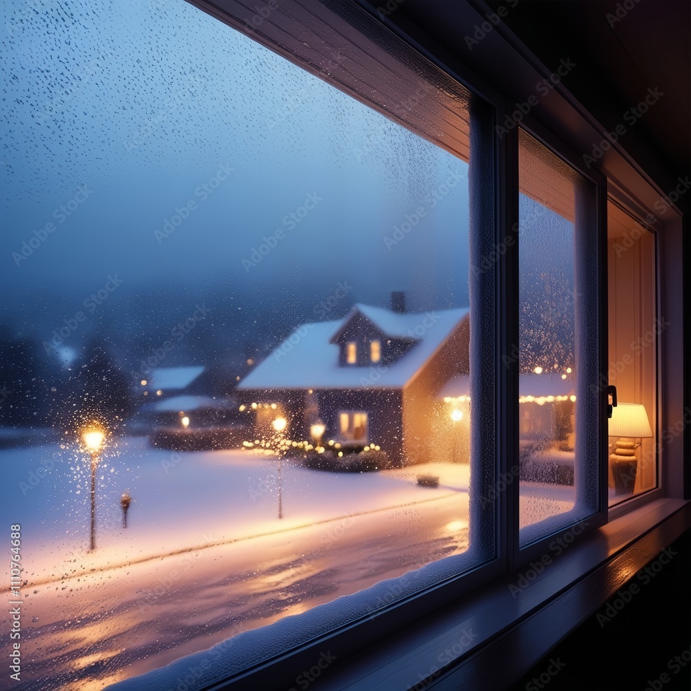 see the snowfall from inside the house through the glass window Stock ...