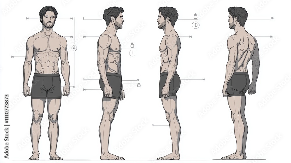 Anatomical Male Body Illustration Displaying Front, Side, and Back ...