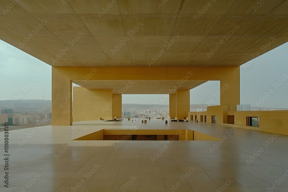 Elevated outdoor space with city view, minimalist architecture, yellow ...