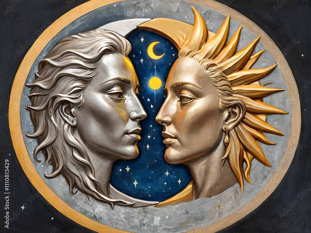 Wallpaper representing a quarter moon and the sun on a medallion. The ...