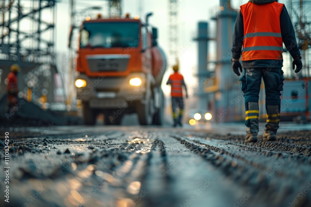 Construction workers operating heavy machinery at a busy job site in ...