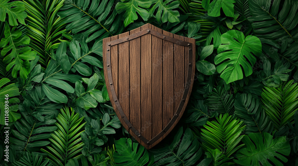 Wooden shield on lush green tropical leaves, depicting strength and ...