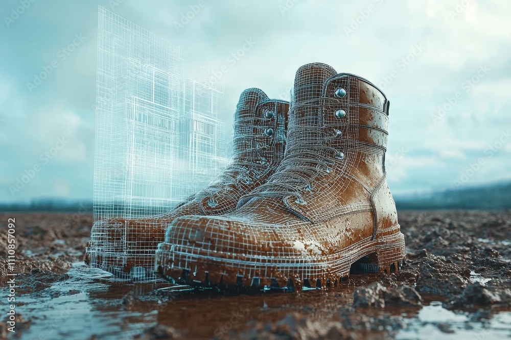 Muddy Boots and Digital Building Design Overlay: A 3D Render Stock ...