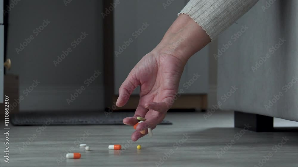 Close up hand elderly woman drops pills from palm hand to floor ...