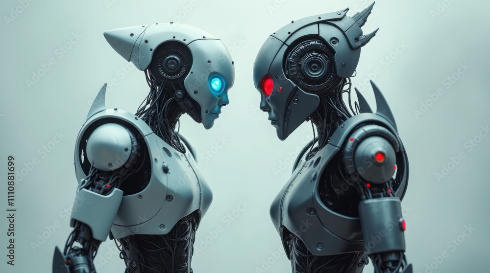 Futuristic Robot Standoff: Good vs. Evil. Good Robot vs. Bad Robot ...