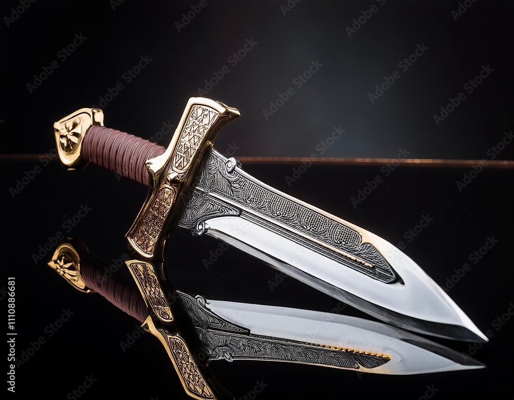 Ornate sword with golden hilt is reflecting on a black background ...