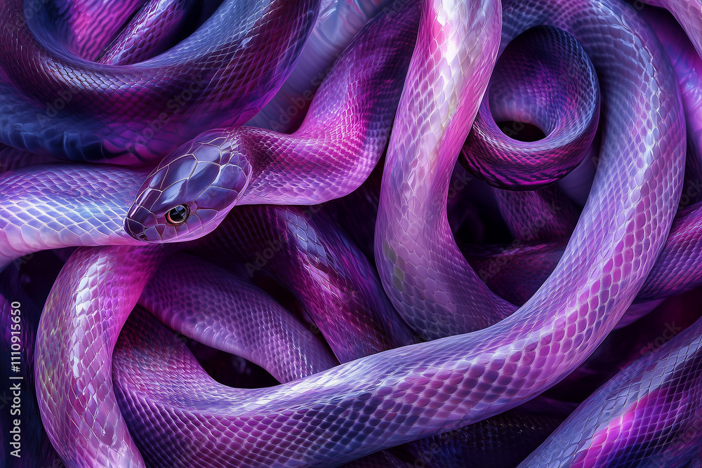 A coil of numerous black and dark purple snakes intertwined, designed ...