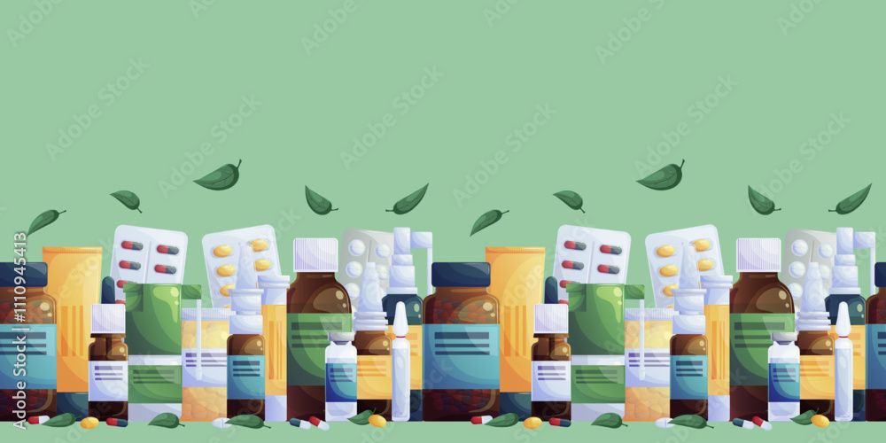 Seamless horizontal border with various medicines arranged in a row ...