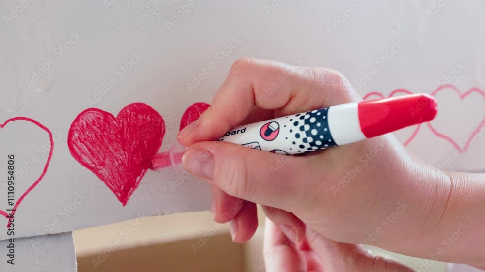 Hand paints row of hearts on white canvas with red marker ...