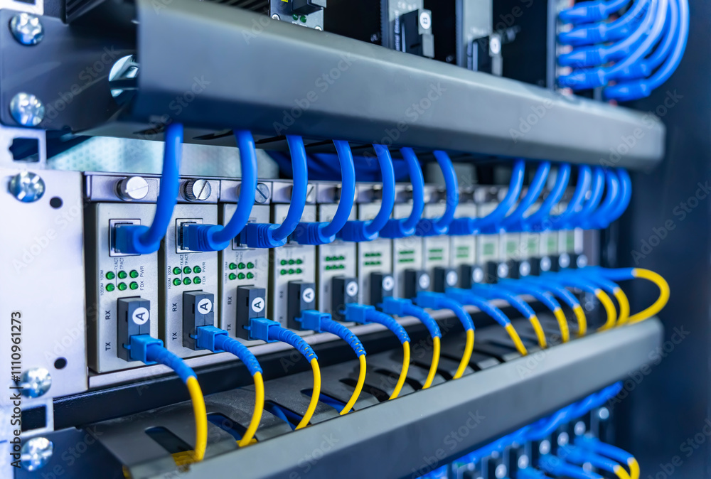 Fiber Optic cables connected to an optic ports and Network cables ...