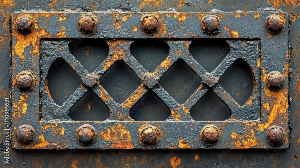 Rusty metal grate with holes and rivets on a rusted surface ilustración ...