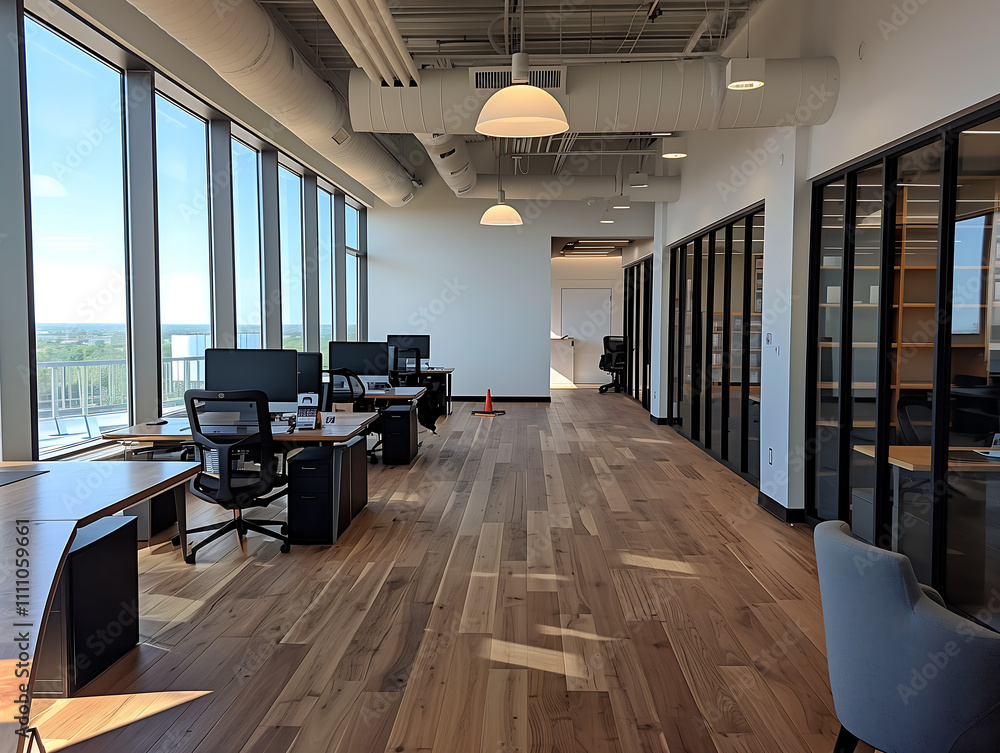 Bright office space featuring an open floor plan, wood flooring, large ...