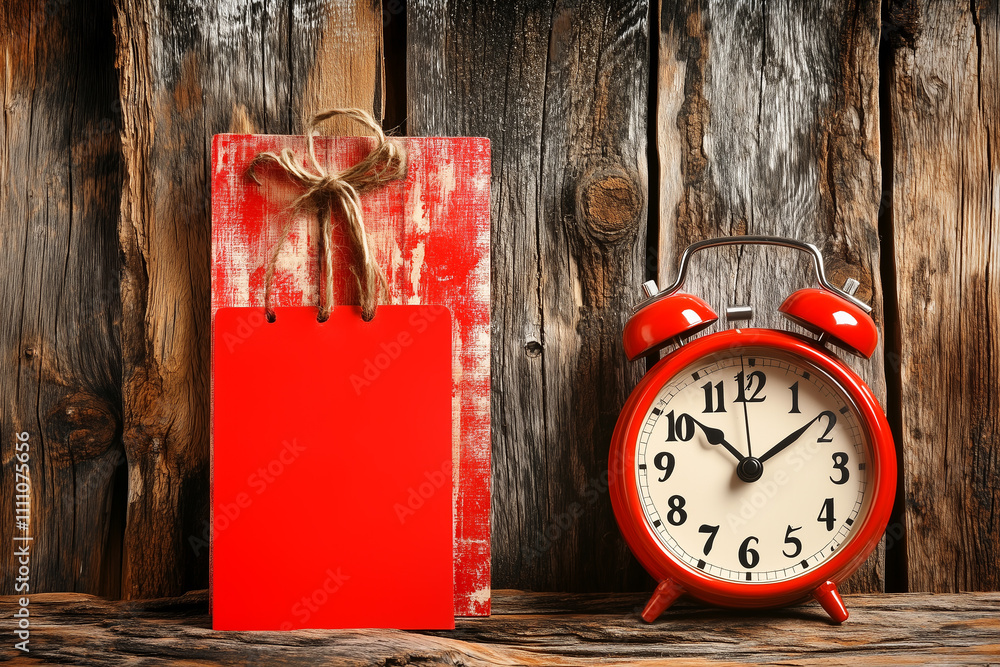 Vintage Red Alarm Clock Next to Rustic Wooden Background and Blank Red ...