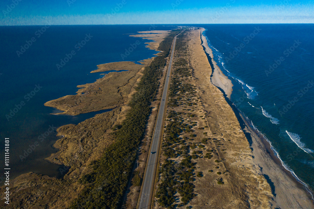 Drone aerial view of Outer Banks Highway 12 with Atlantic Ocean and ...