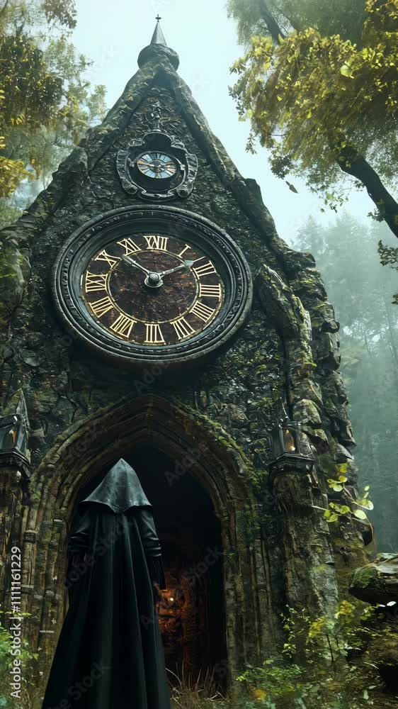 Mysterious clock tower in an enchanted forest at twilight with a ...