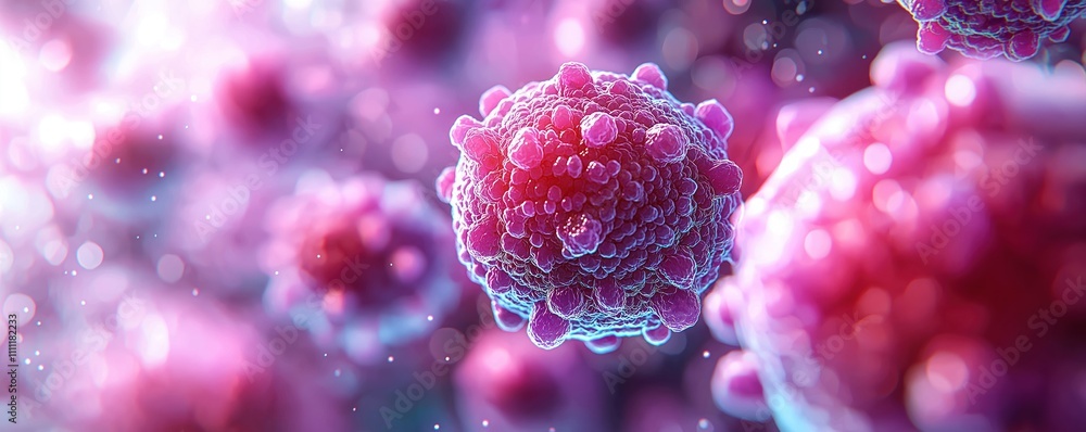 3D graphic close-up shows pink, purple ovarian cancer cells. Details of ...