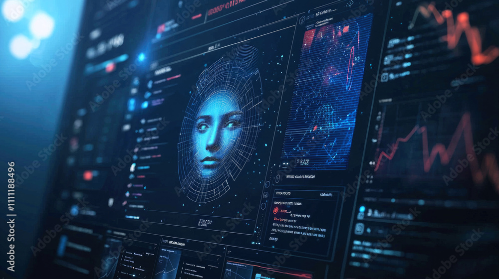 Female face with digital biometric data on computer screen, facial ...