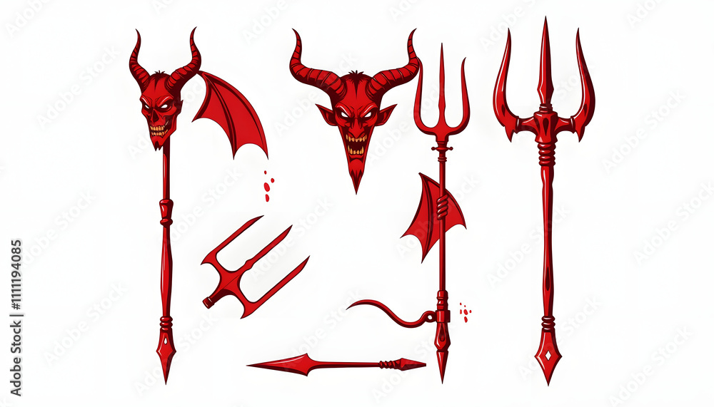 Set collection of devil demon satan red rustic trident pitchfork fork ...